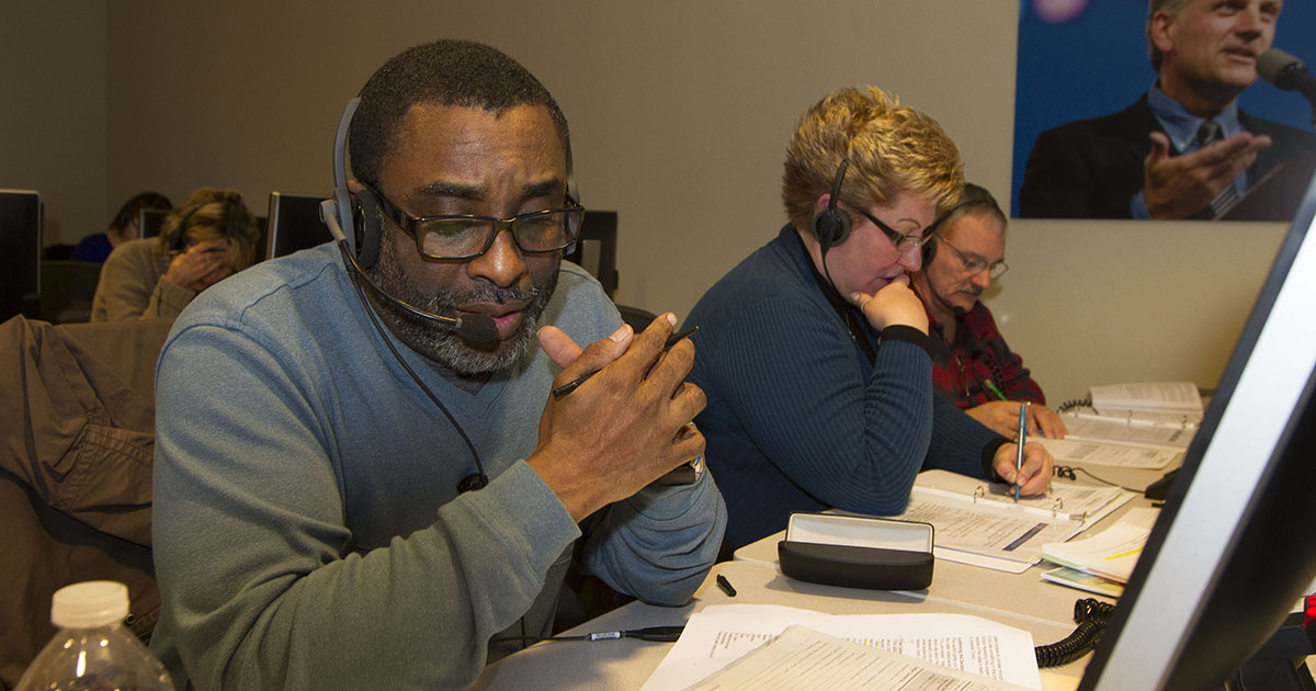 Call Center activity at BGEA headquarters in Charlotte Friday evening.